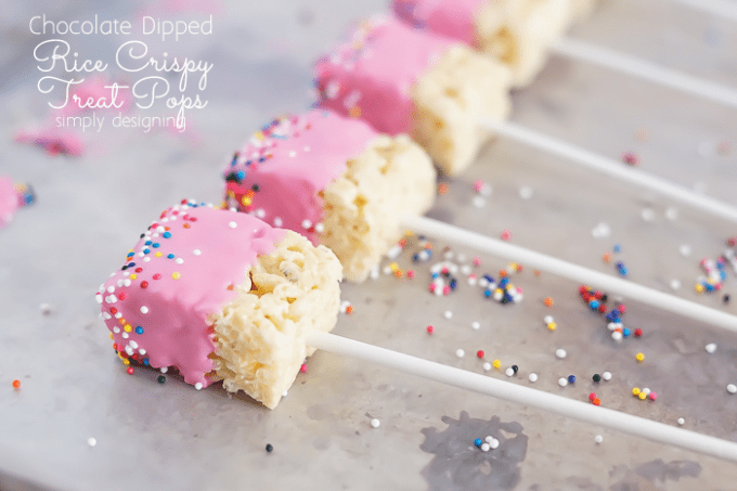 Rice Crispy Treat Pops Dipped in Chocolate and Sprinkles